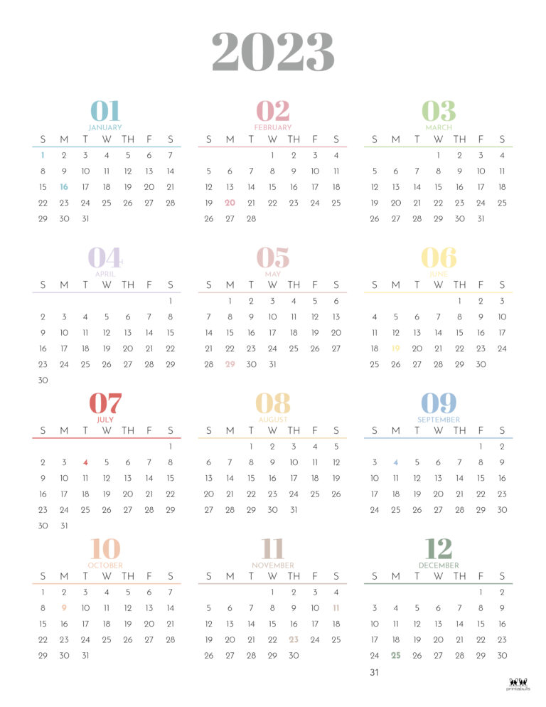 2023 Yearly Calendars - 28 FREE Printables | Printabulls