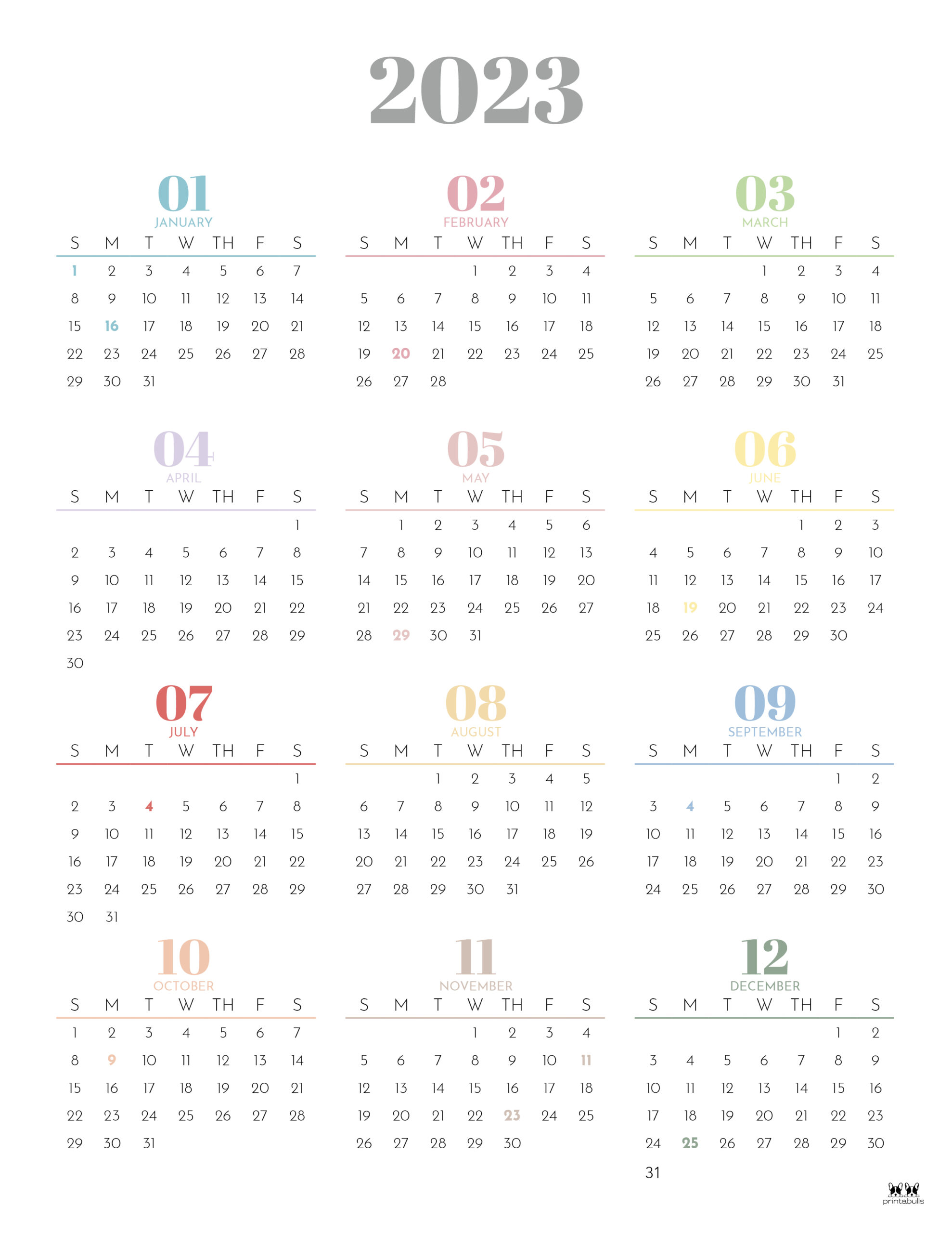 2023 Yearly Calendars - 28 FREE Printables - PrintaBulk