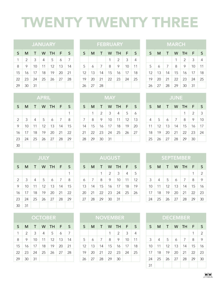 2023 Yearly Calendars - 28 FREE Printables - PrintaBulk