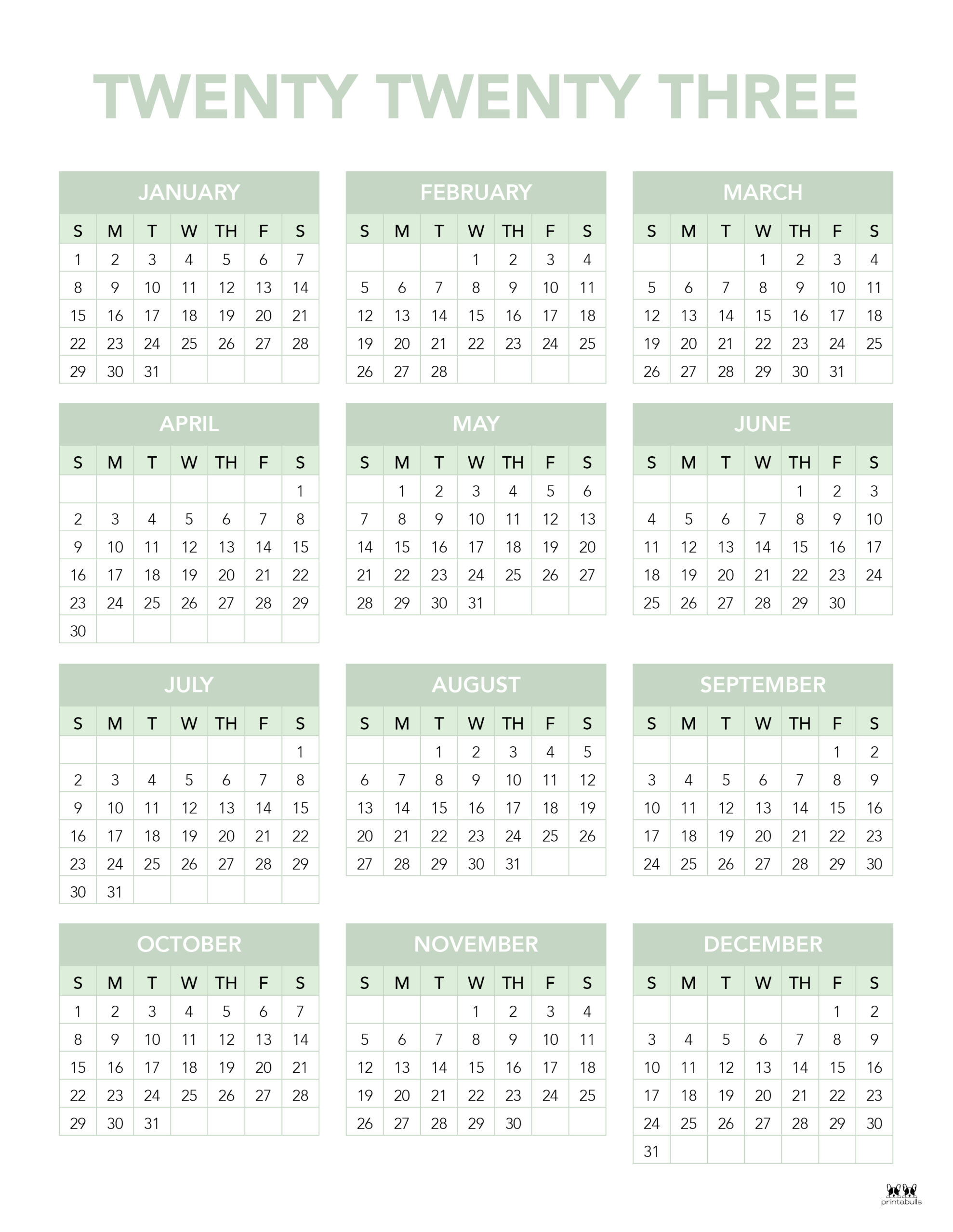 2023 Yearly Calendars - 28 FREE Printables | Printabulls