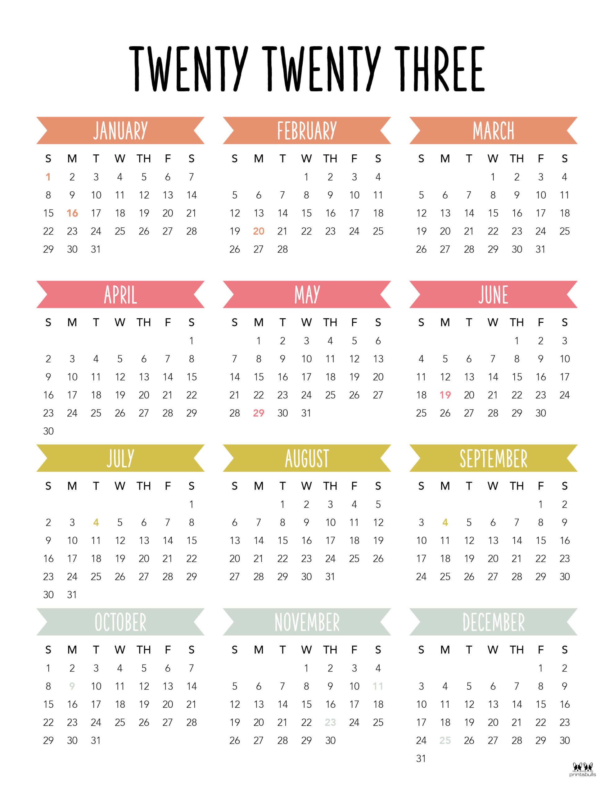 2023 Yearly Calendars - 28 FREE Printables | Printabulls 2023 Yearly Calendars - 28 FREE Printables | Printabulls