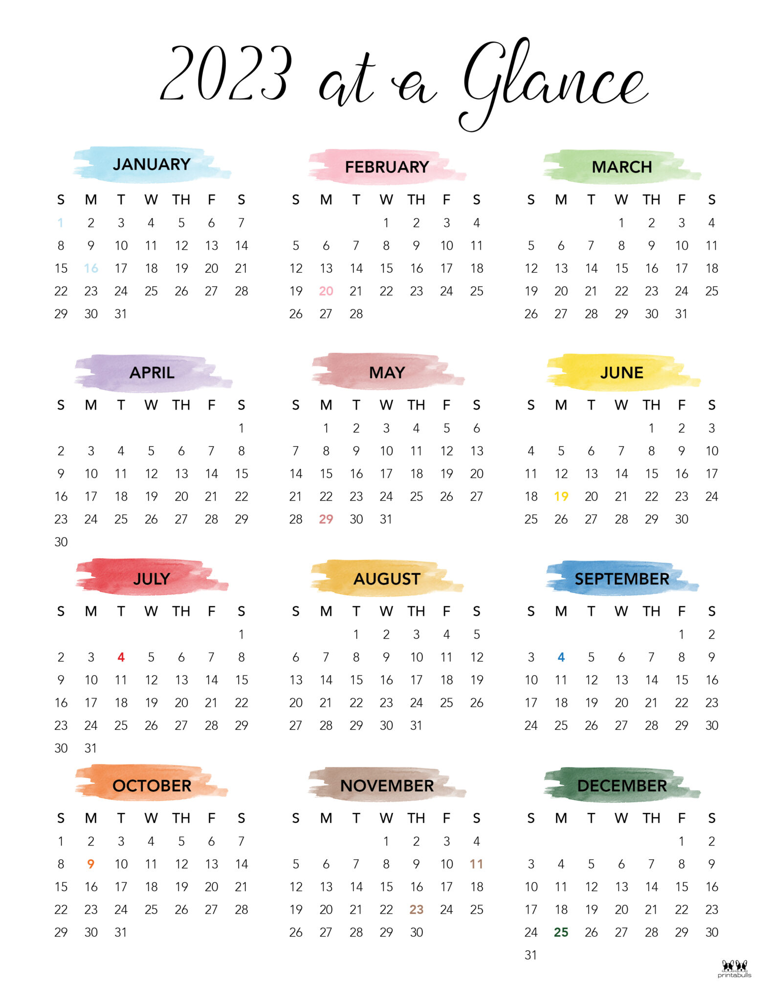 2023 Yearly Calendars - 28 FREE Printables | Printabulls