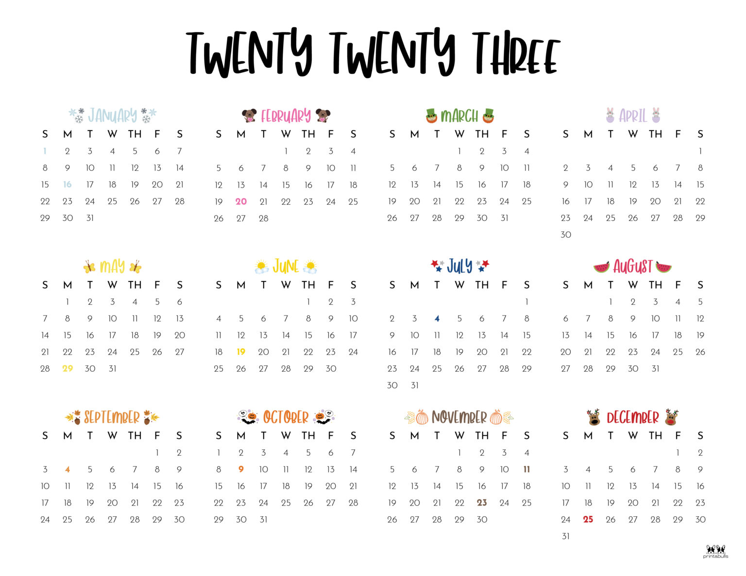 2023 Yearly Calendars - 28 FREE Printables | Printabulls