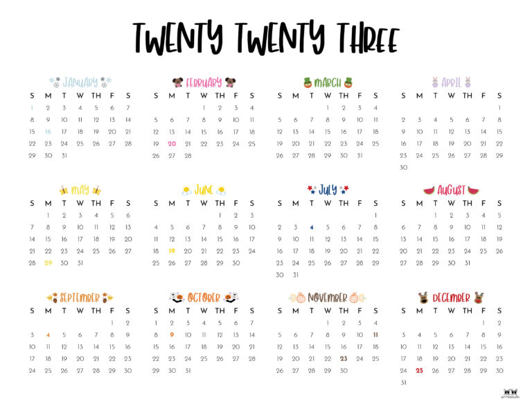 2023 Yearly Calendars - 28 FREE Printables | Printabulls