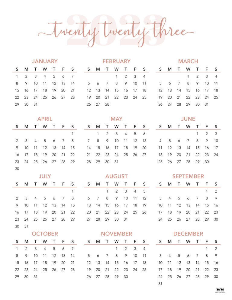 2023 Yearly Calendars - 28 FREE Printables | Printabulls