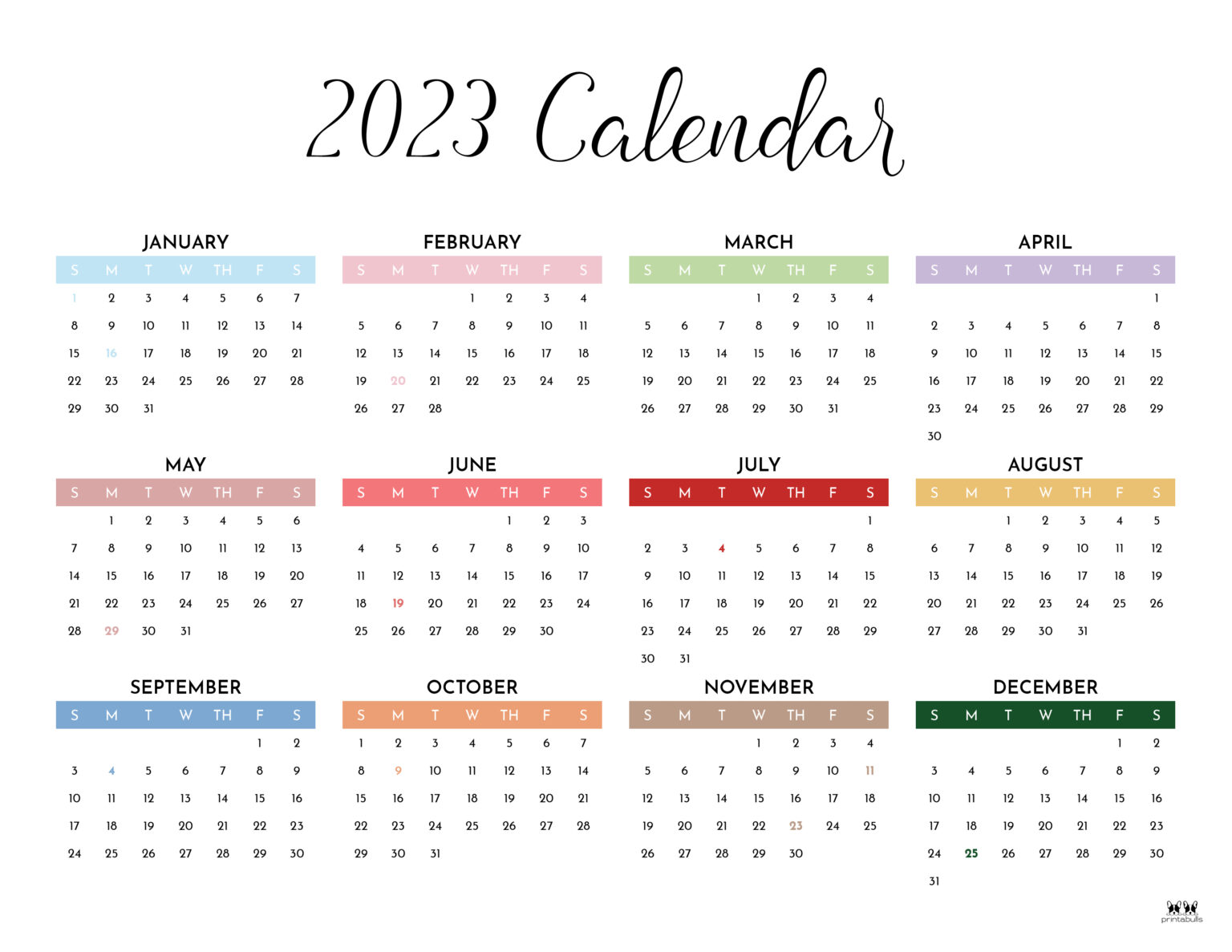 2023 Yearly Calendars - 28 FREE Printables | Printabulls