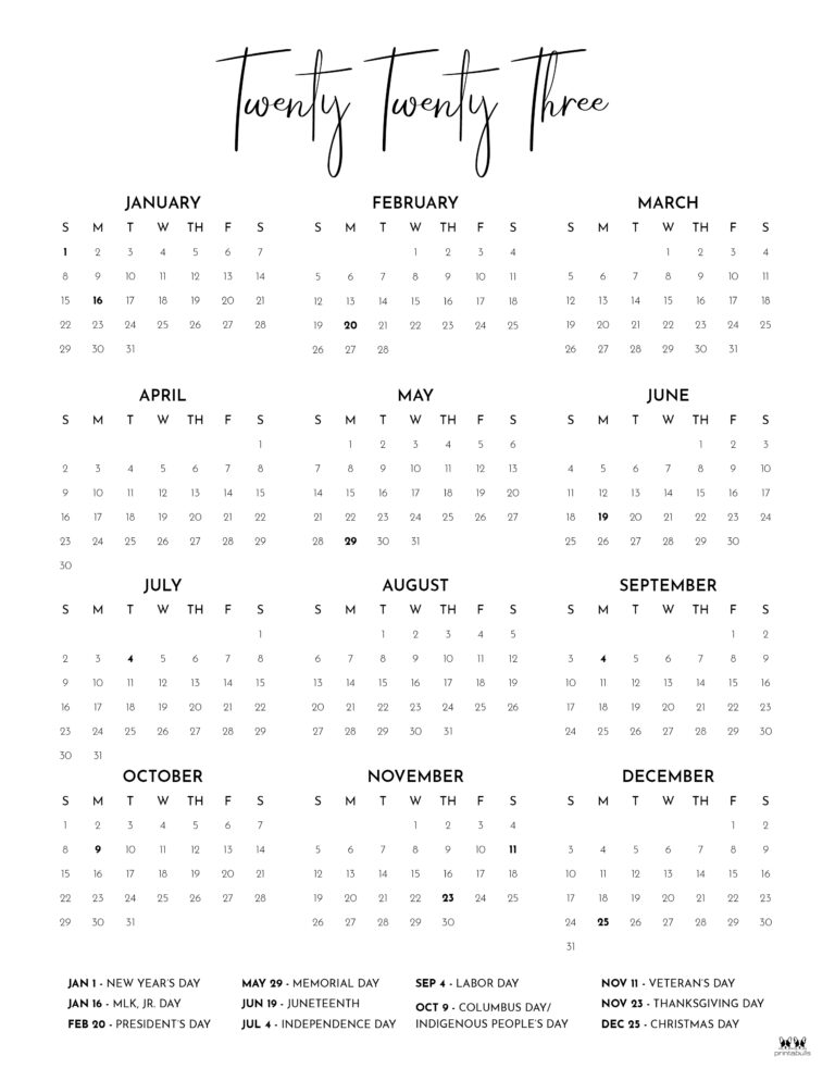 2023 Yearly Calendars - 28 FREE Printables - PrintaBulk
