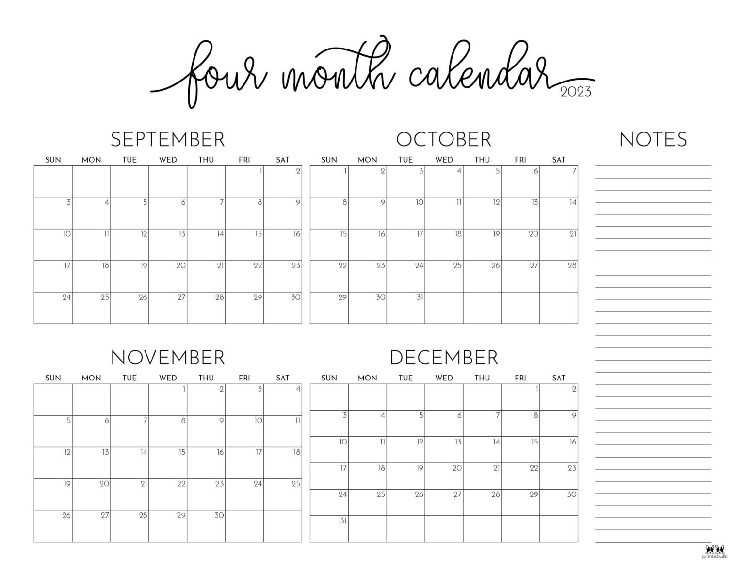 2023 Four Month Calendars - 18 FREE Printables | Printabulls