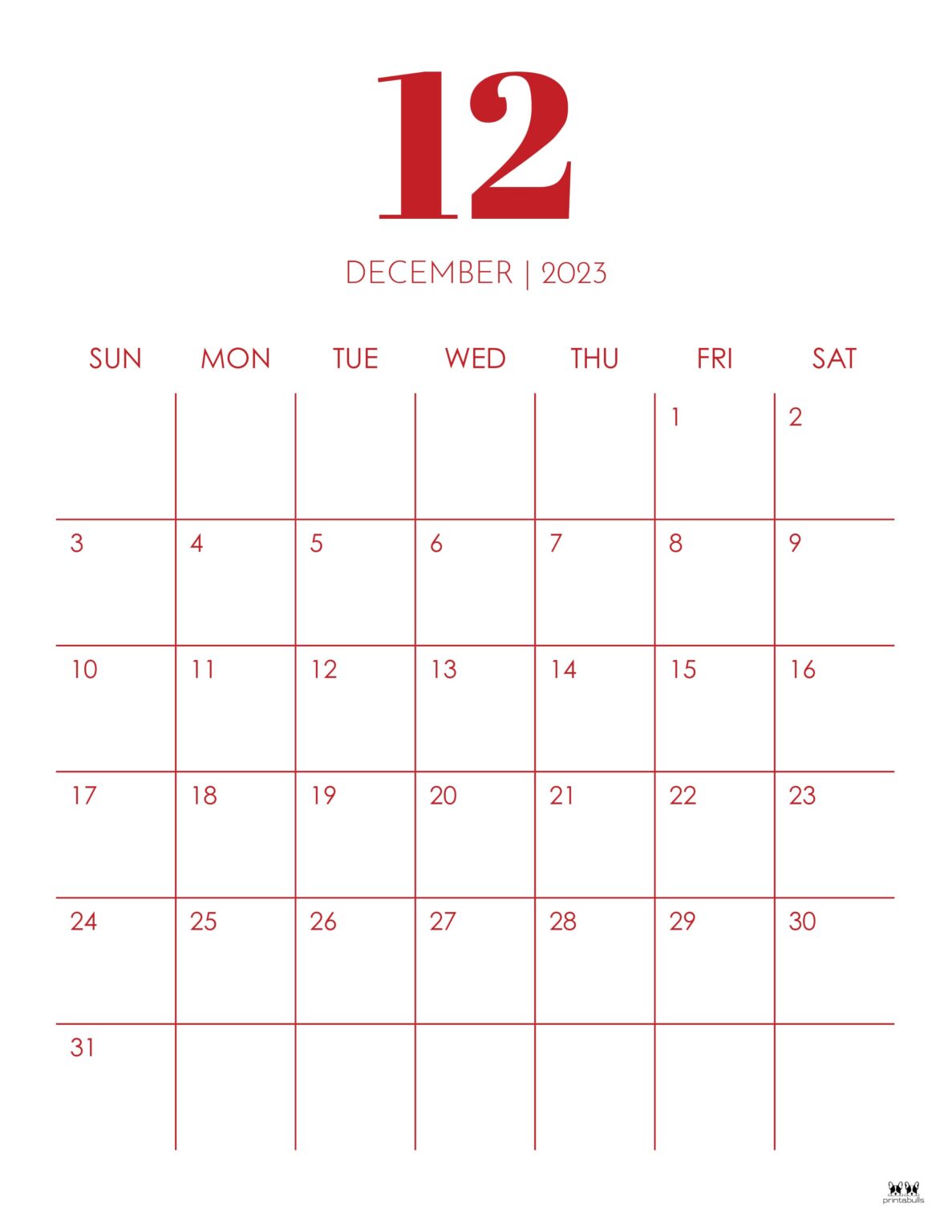 December 2023 Calendars - 50 FREE Printables | Printabulls