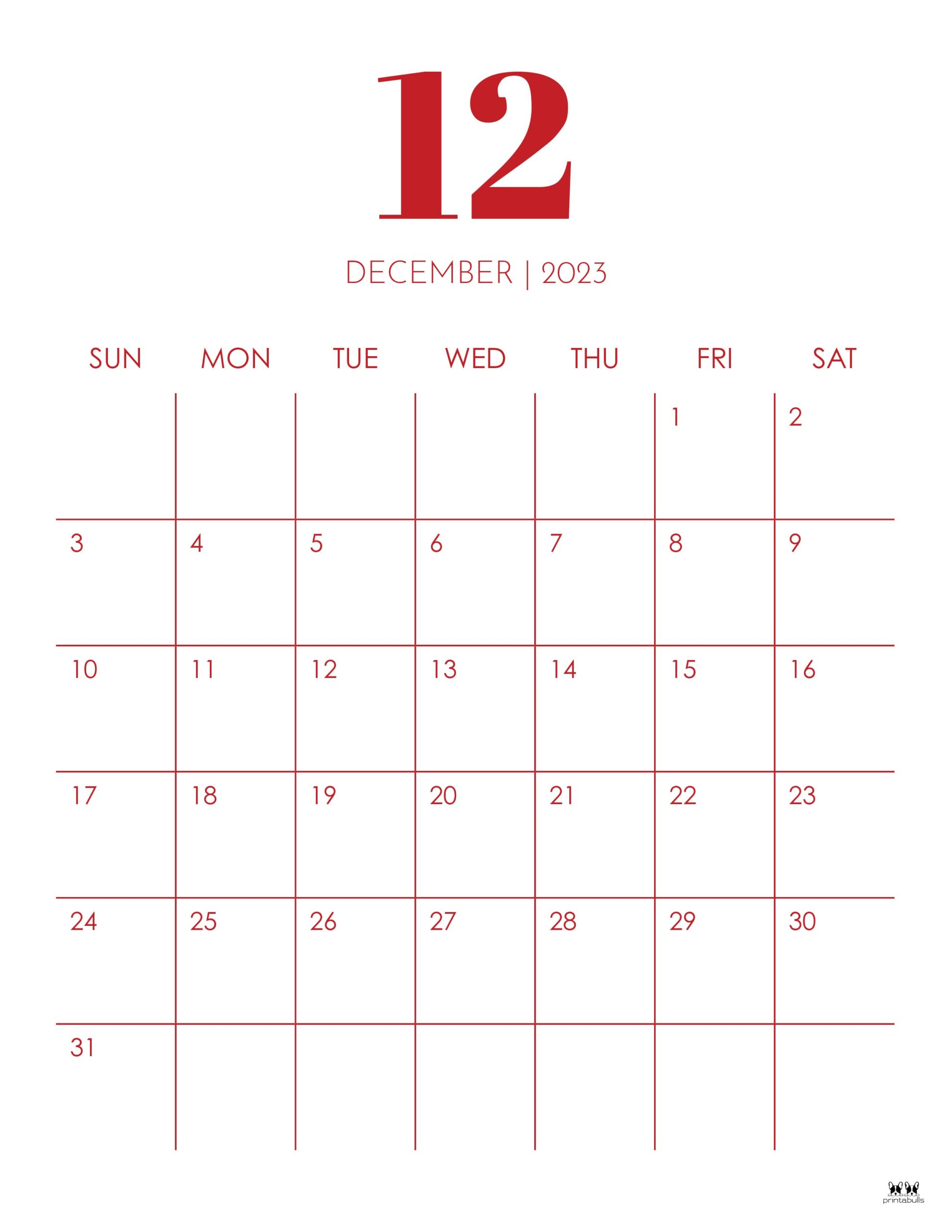 December 2023 Calendars - 50 FREE Printables | Printabulls