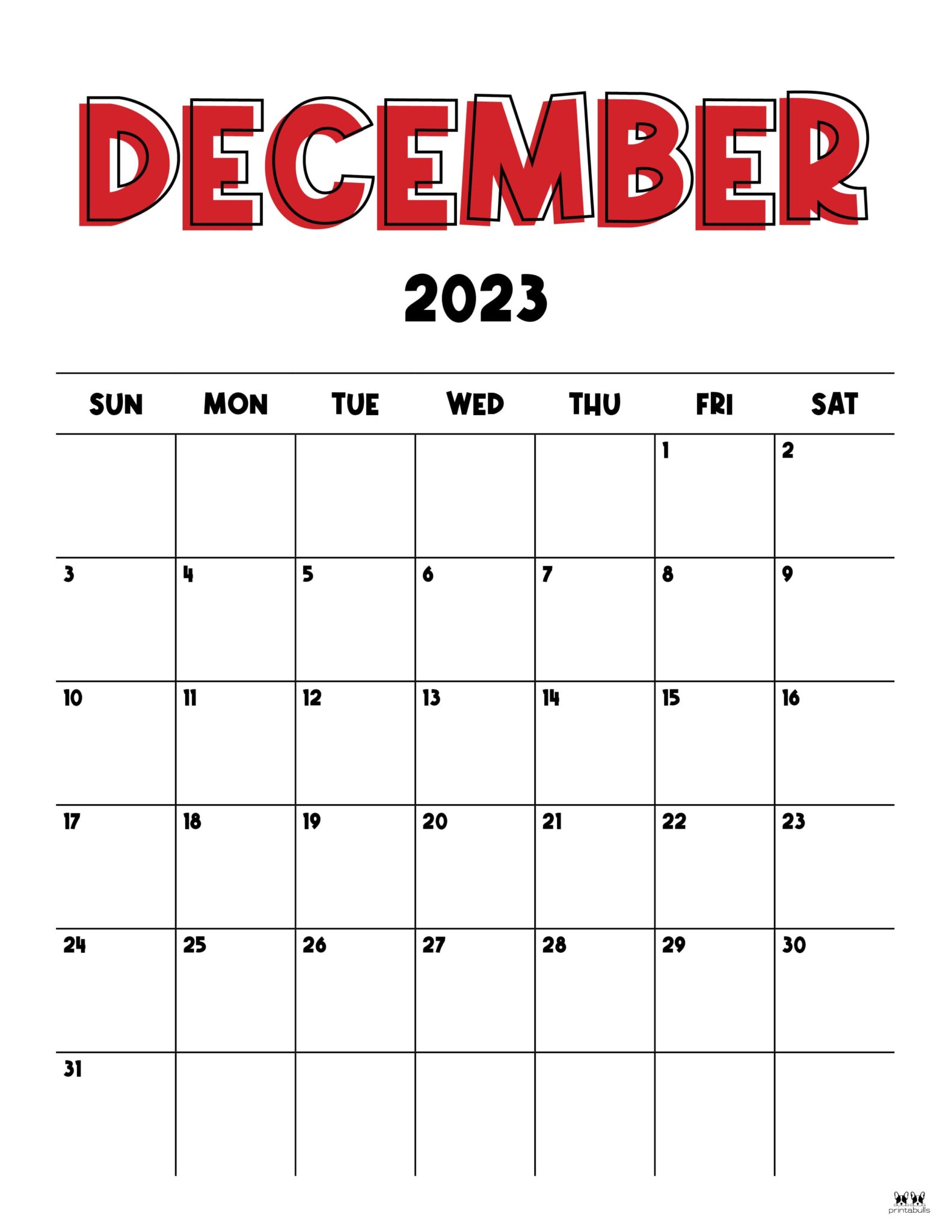 December 2023 Calendars - 50 FREE Printables | Printabulls