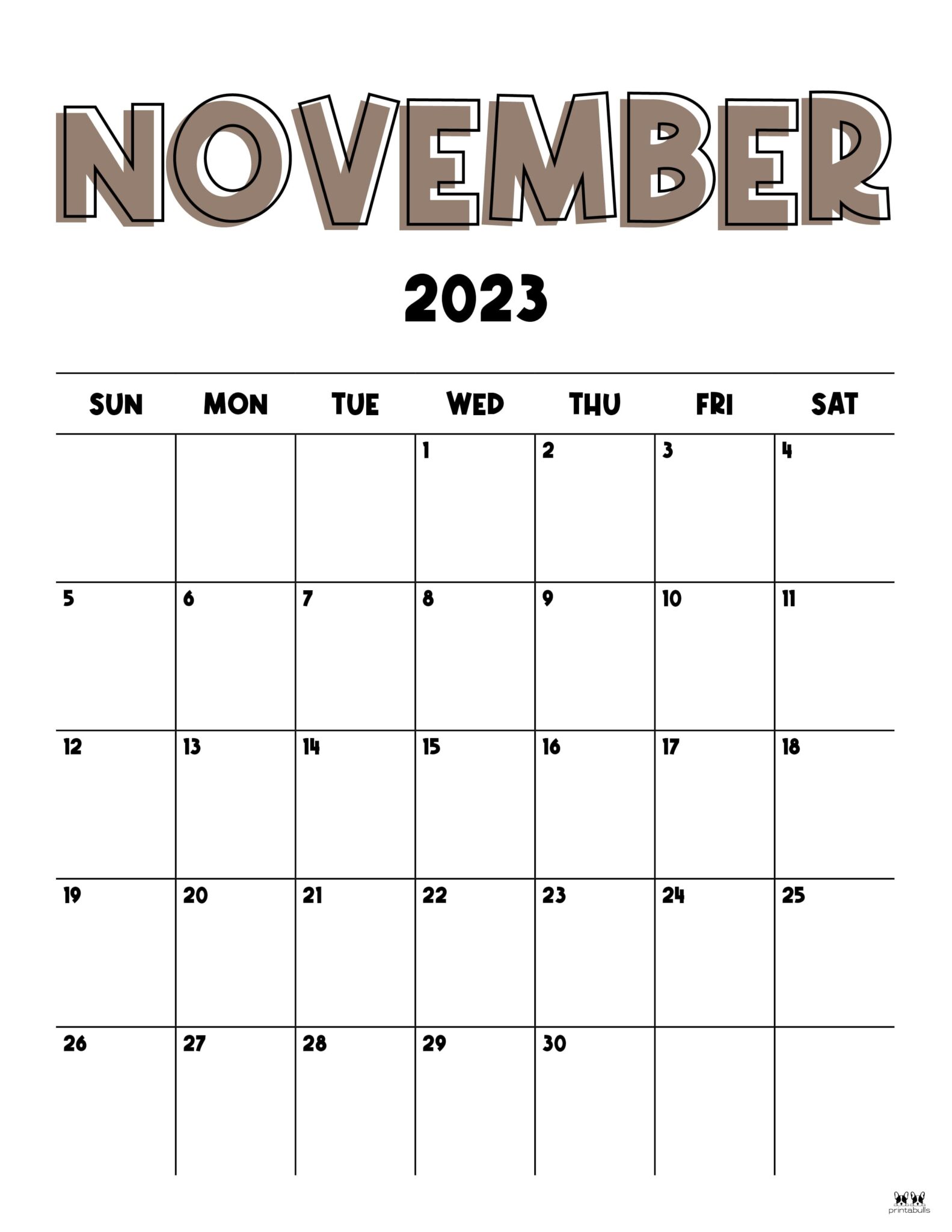 November 2023 Calendars - 50 FREE Printables | Printabulls