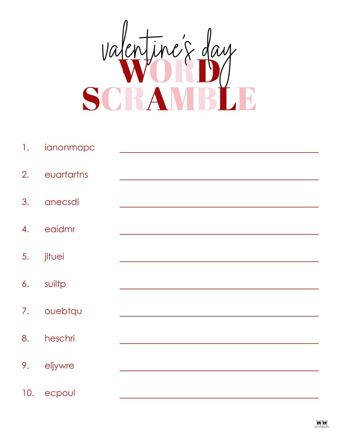 Valentine's Day Word Scrambles - 10 FREE Pages | Printabulls