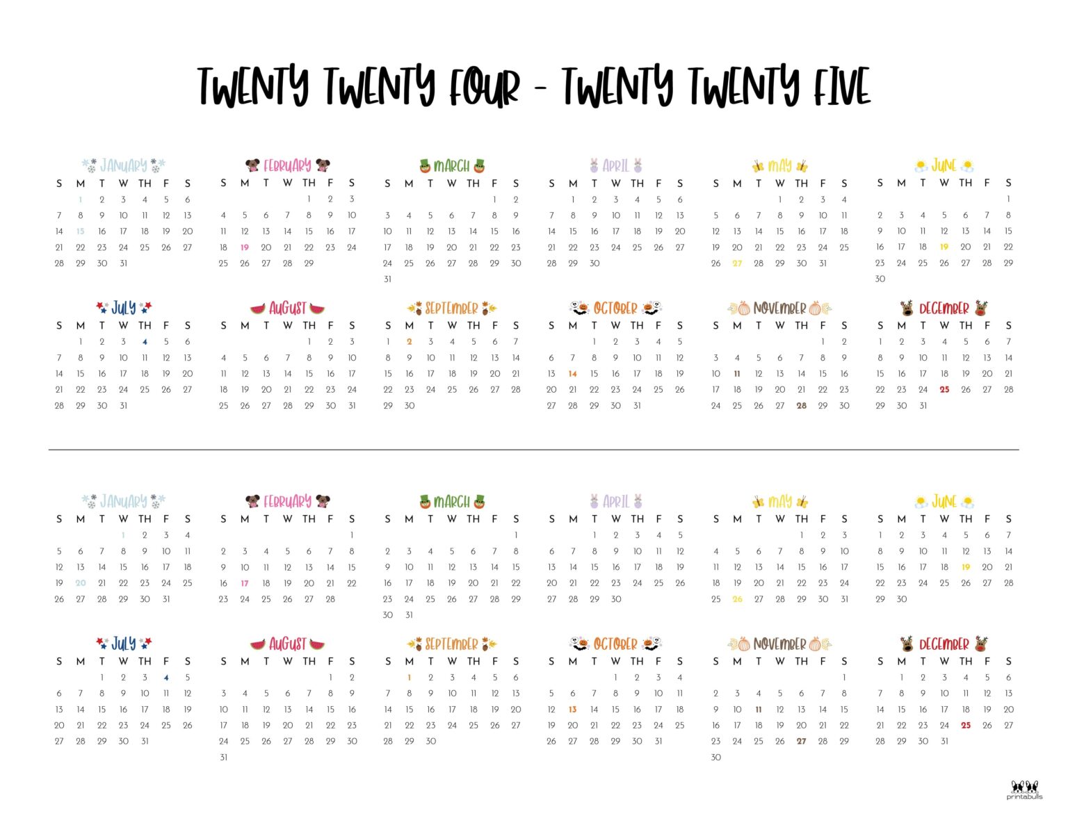 2024-2025 Two Year Calendars - 10 FREE Printables | Printabulls