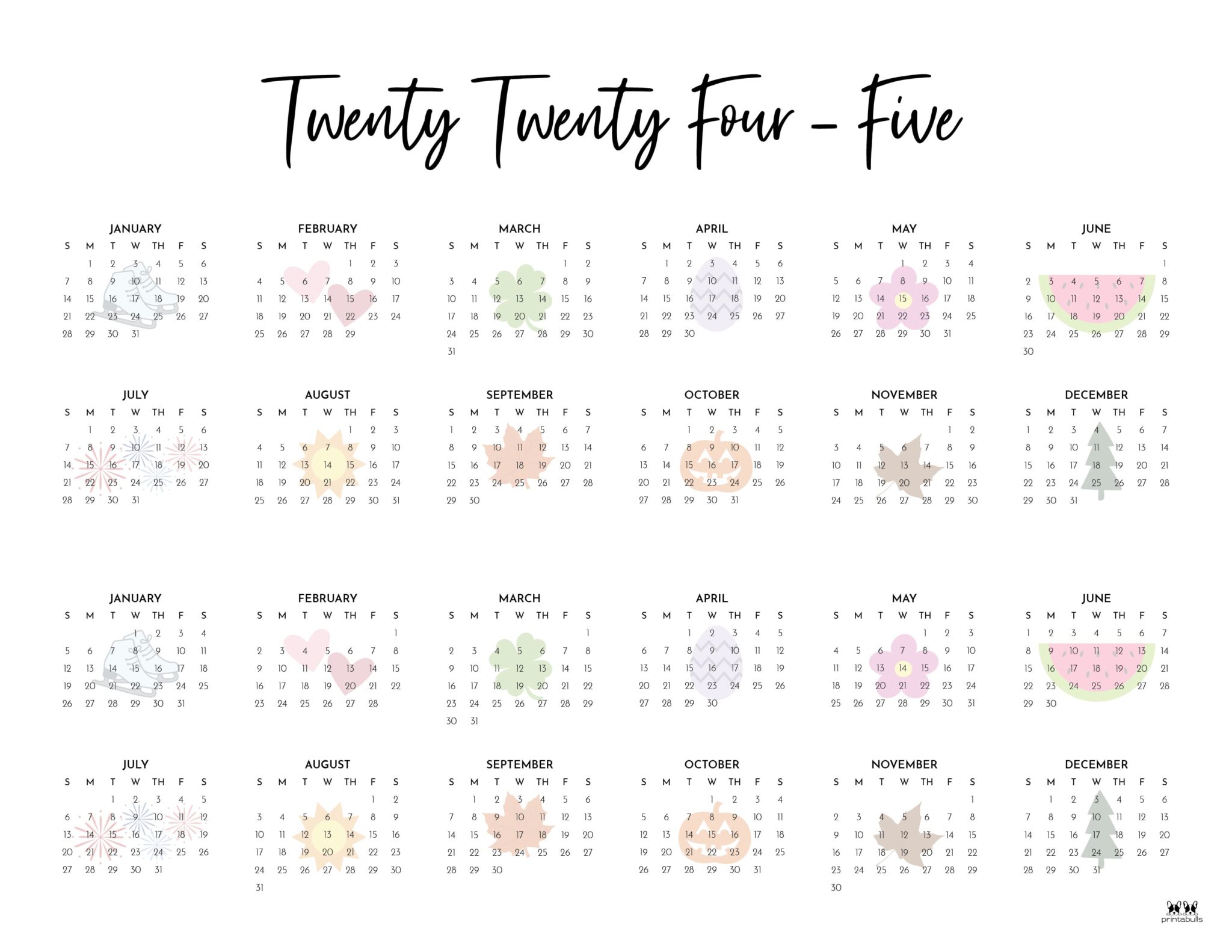 2024-2025 Two Year Calendars - 10 FREE Printables | Printabulls