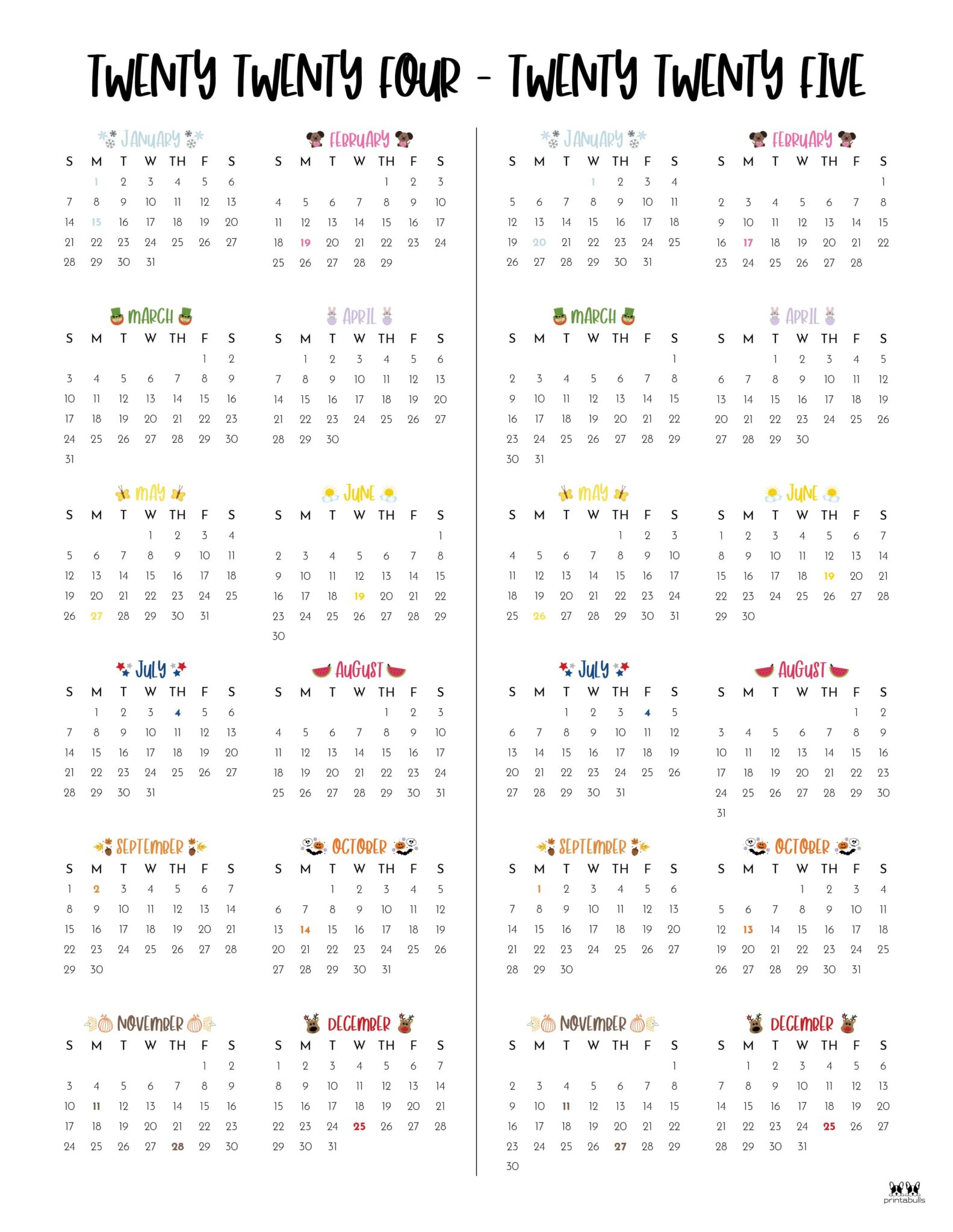 2024-2025 Two Year Calendars - 10 FREE Printables | Printabulls