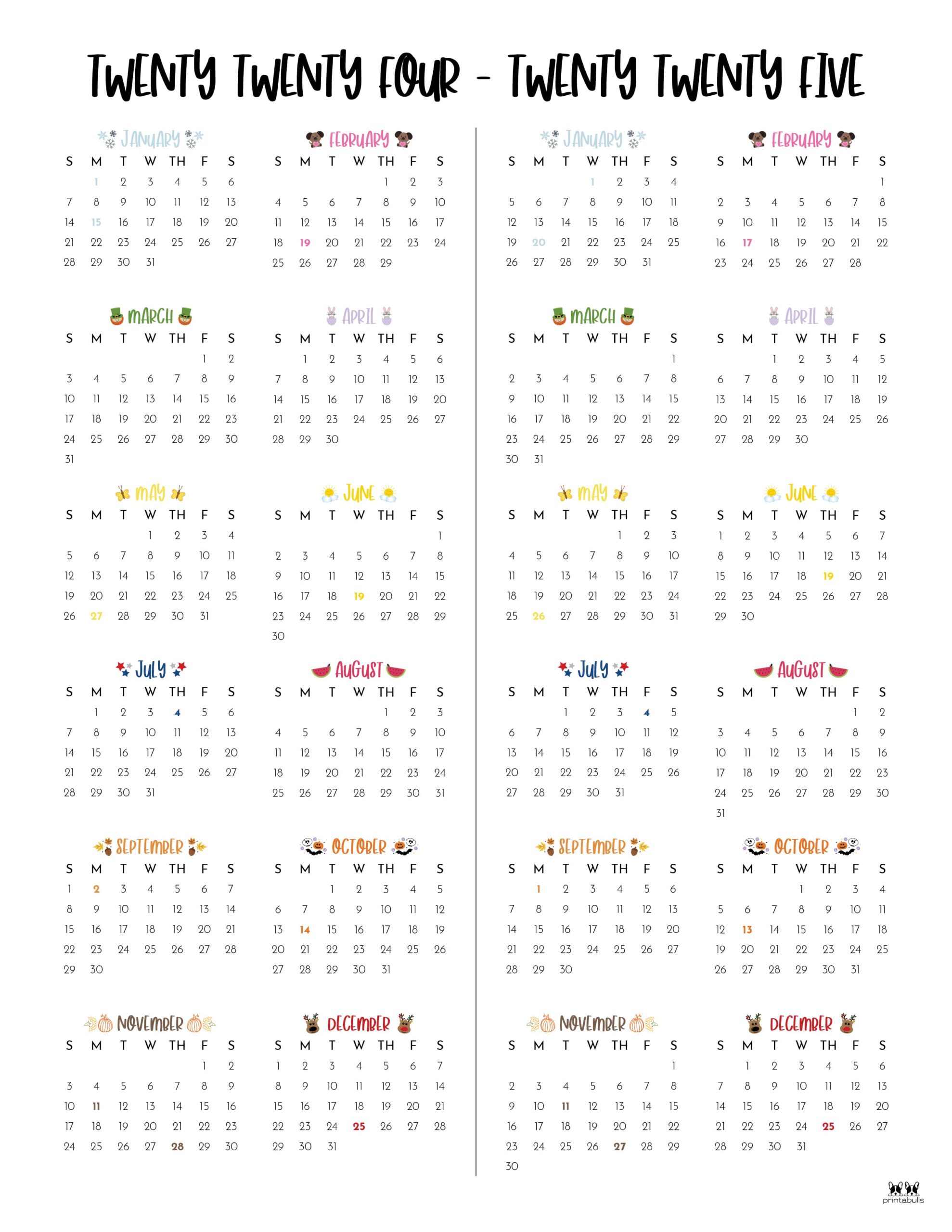 2024-2025 Two Year Calendars - 10 FREE Printables | Printabulls