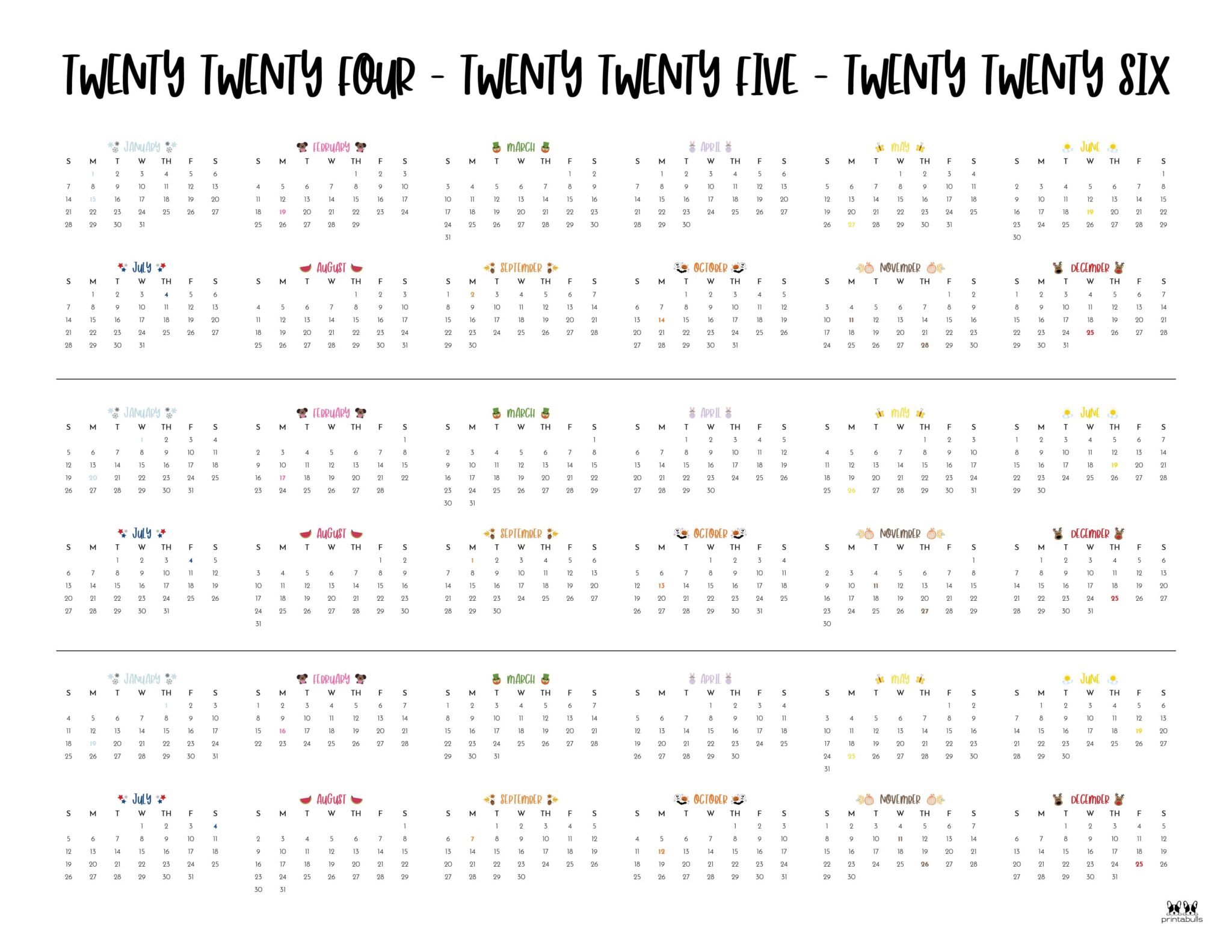 2024-2026 Three Year Calendars - 10 FREE Printables | Printabulls