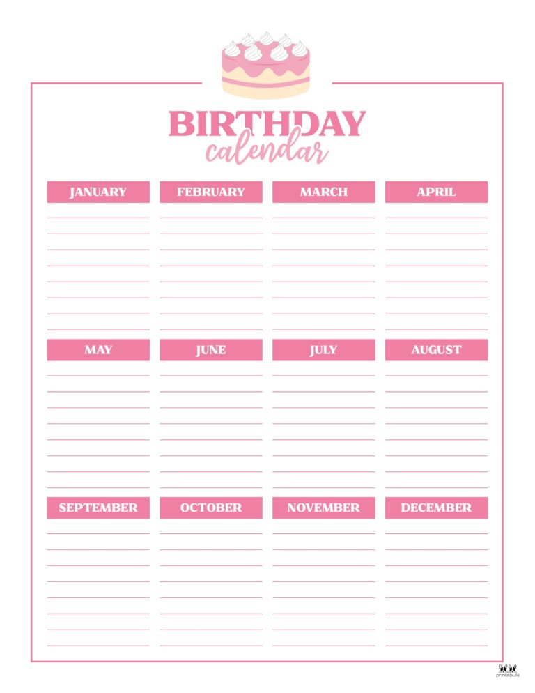 Birthday Calendars & Trackers - 25 FREE Printables | Printabulls