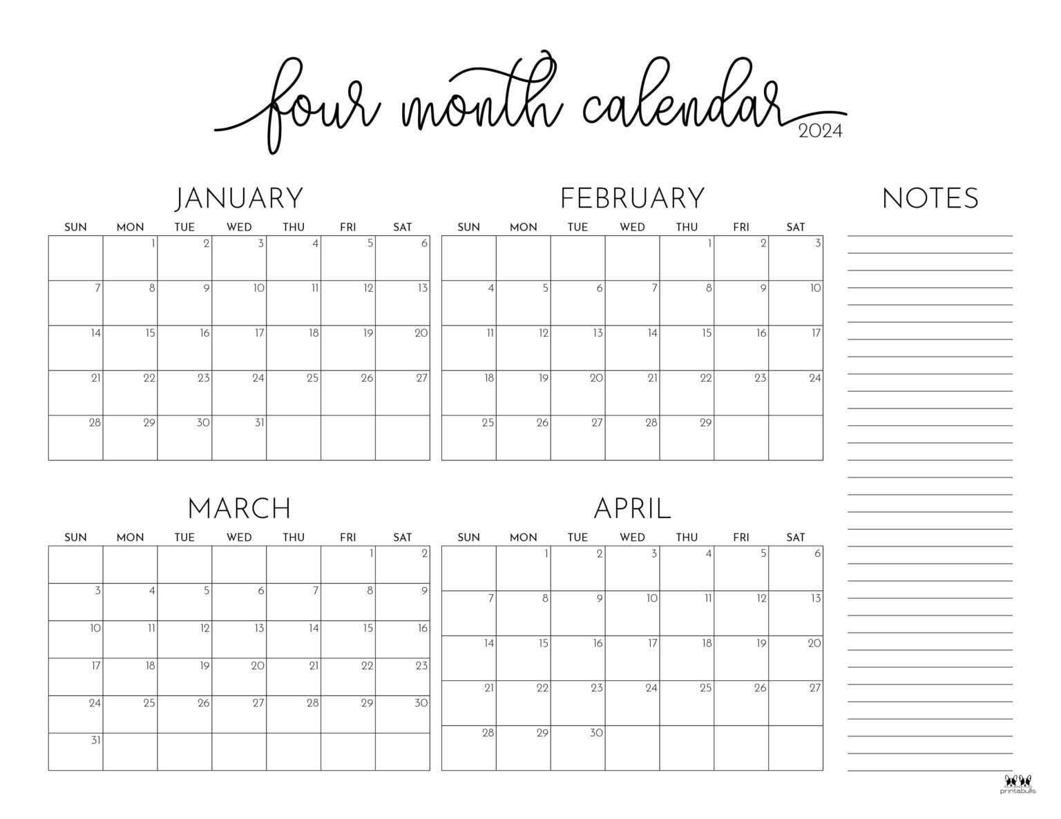 2024 Four Month Calendars - 18 FREE Printables | Printabulls