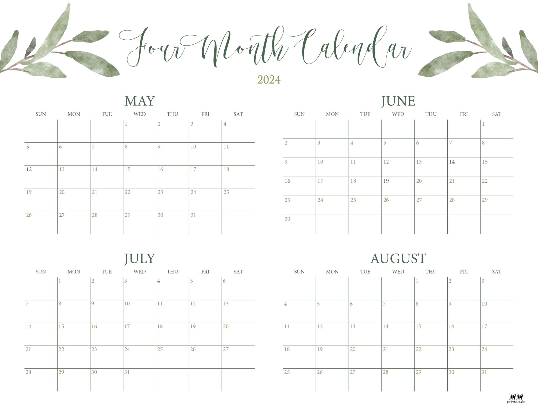 2024 Four Month Calendars - 18 FREE Printables | Printabulls