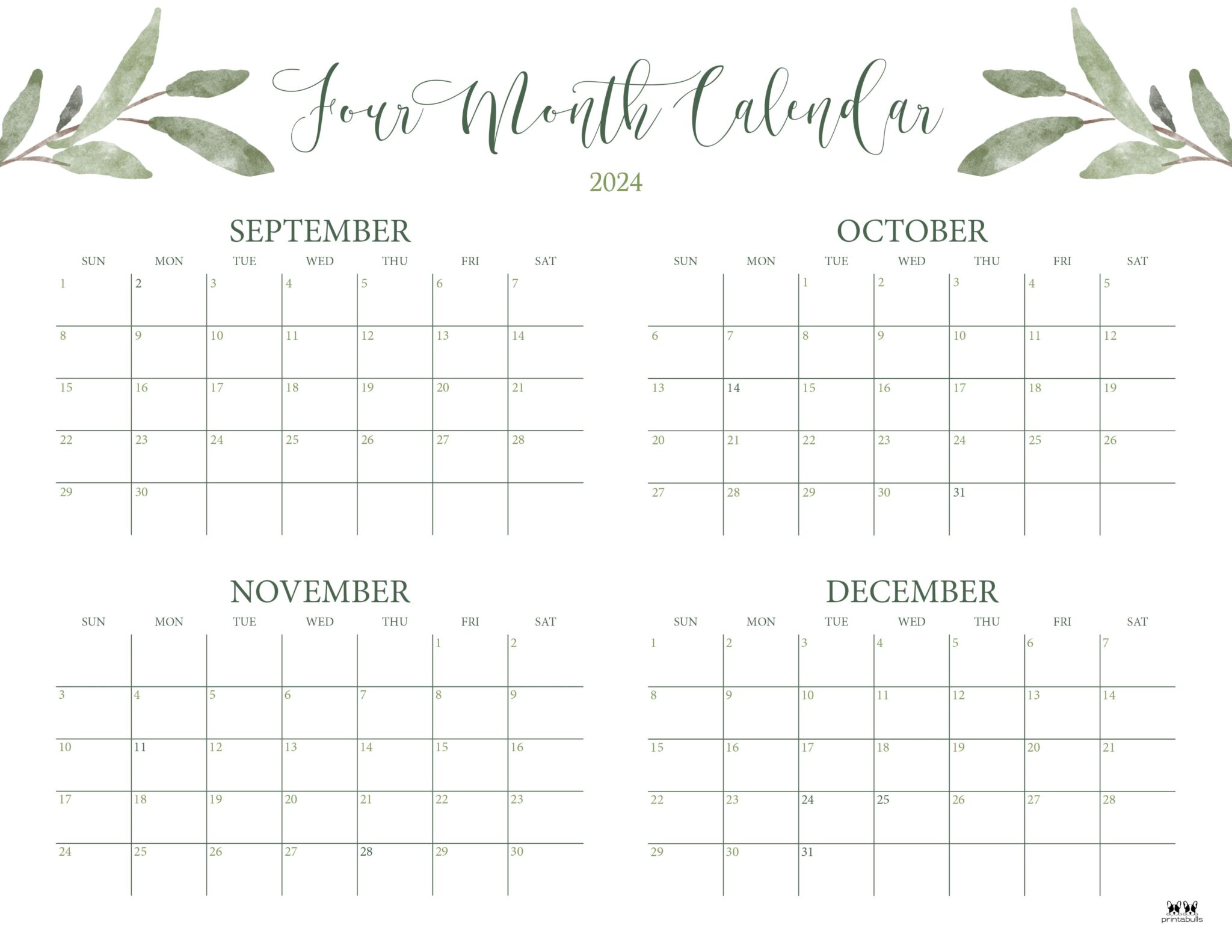 2024 Four Month Calendars - 18 FREE Printables | Printabulls