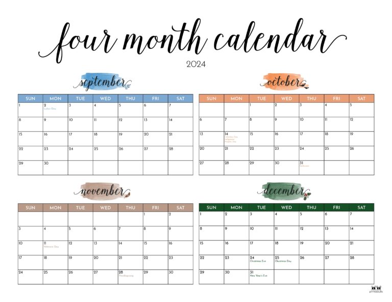 2024 Four Month Calendars - 18 FREE Printables | Printabulls