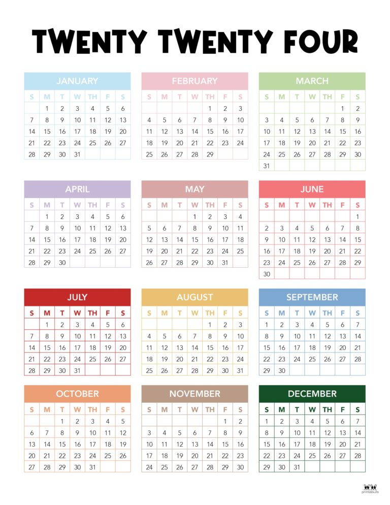 2024 Yearly Calendars - 29 FREE Printables | Printabulls