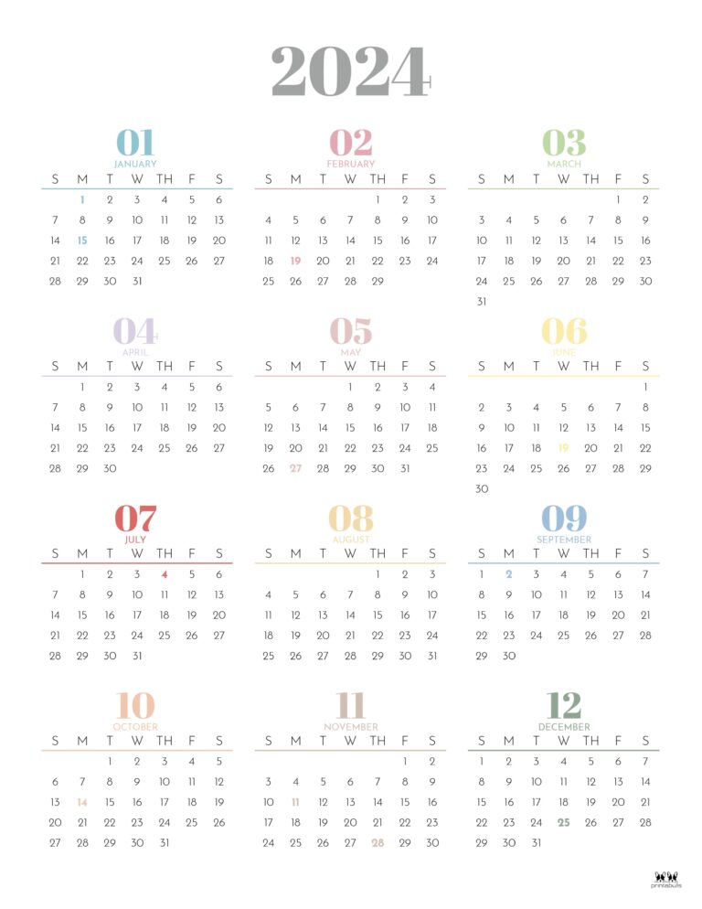 2024 Yearly Calendars - 29 FREE Printables - PrintaBulk