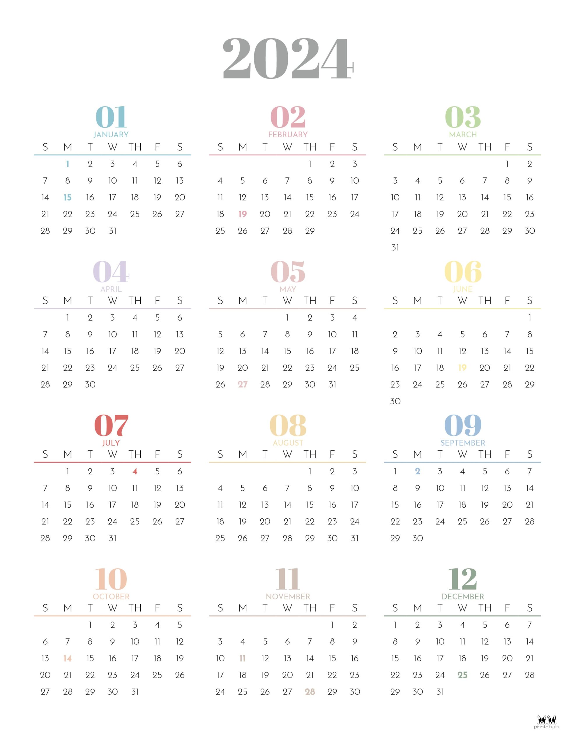 2024 Yearly Calendars - 29 FREE Printables | Printabulls