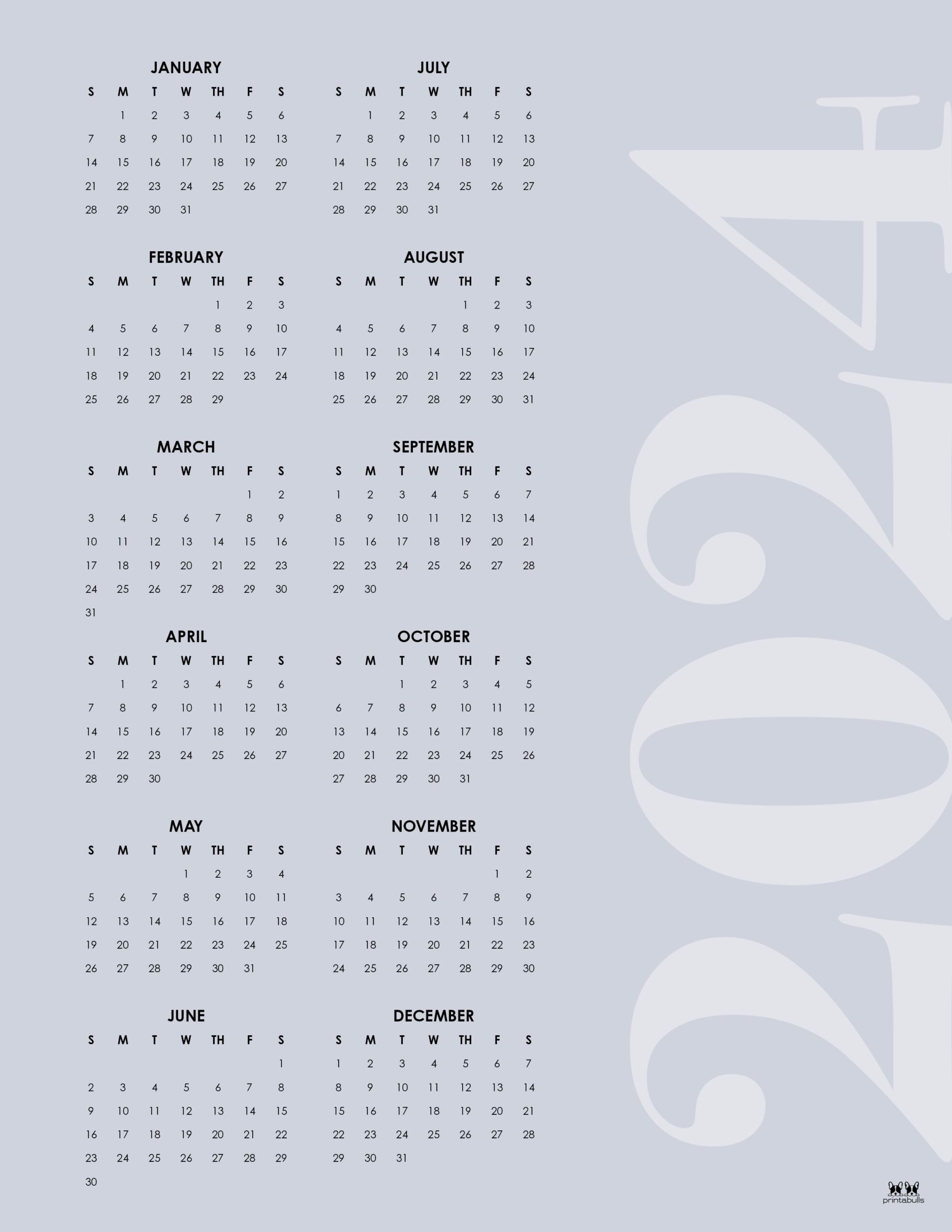 2024 Yearly Calendars - 29 FREE Printables | Printabulls
