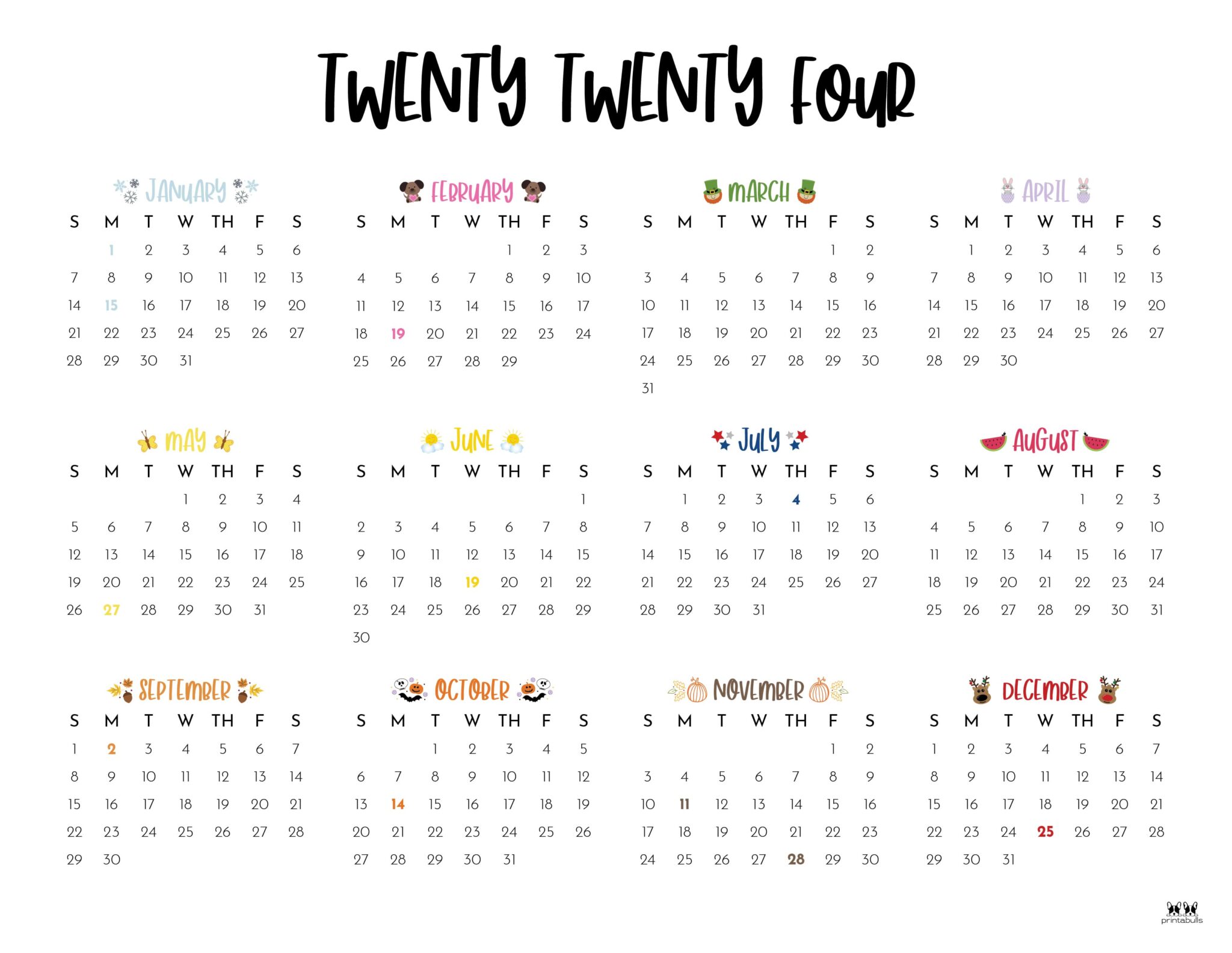 2024 Yearly Calendars - 29 FREE Printables | Printabulls