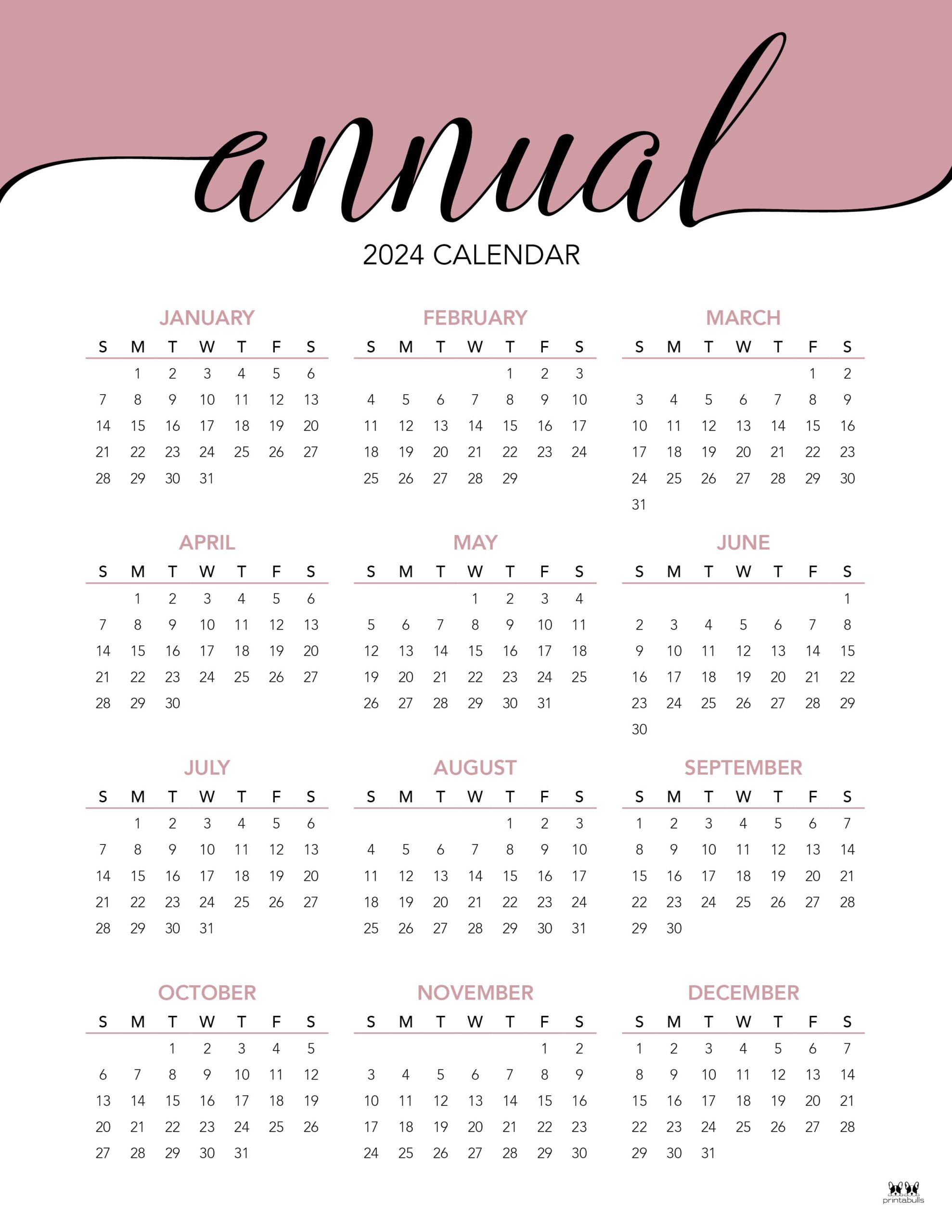 2024 Yearly Calendars - 29 FREE Printables | Printabulls