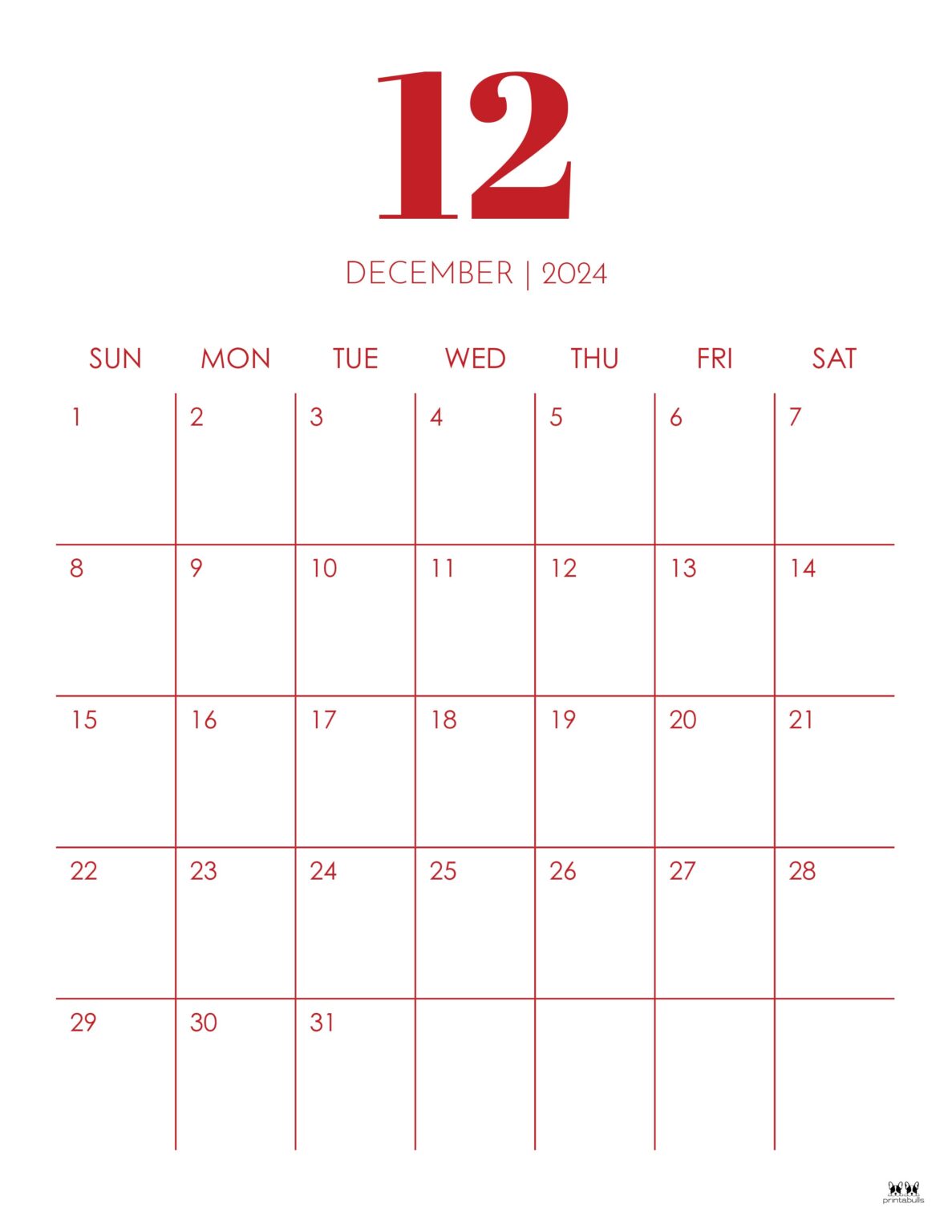December 2024 Calendars - 50 FREE Printables | Printabulls
