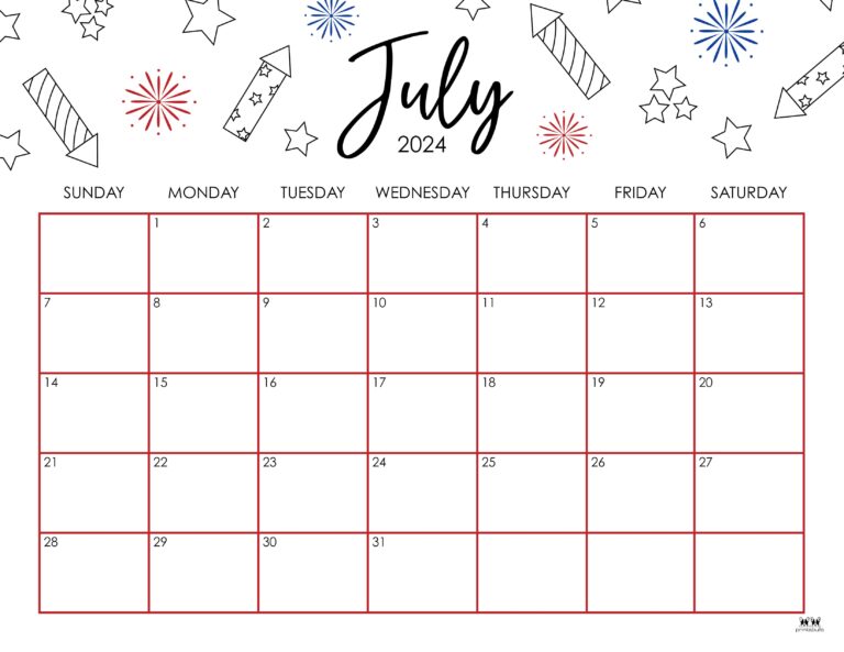 July 2024 Calendars - 50 FREE Printables - PrintaBulk