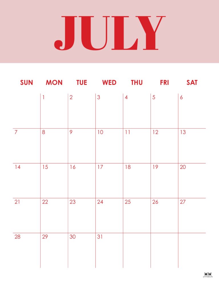 July 2024 Calendars - 50 FREE Printables | Printabulls
