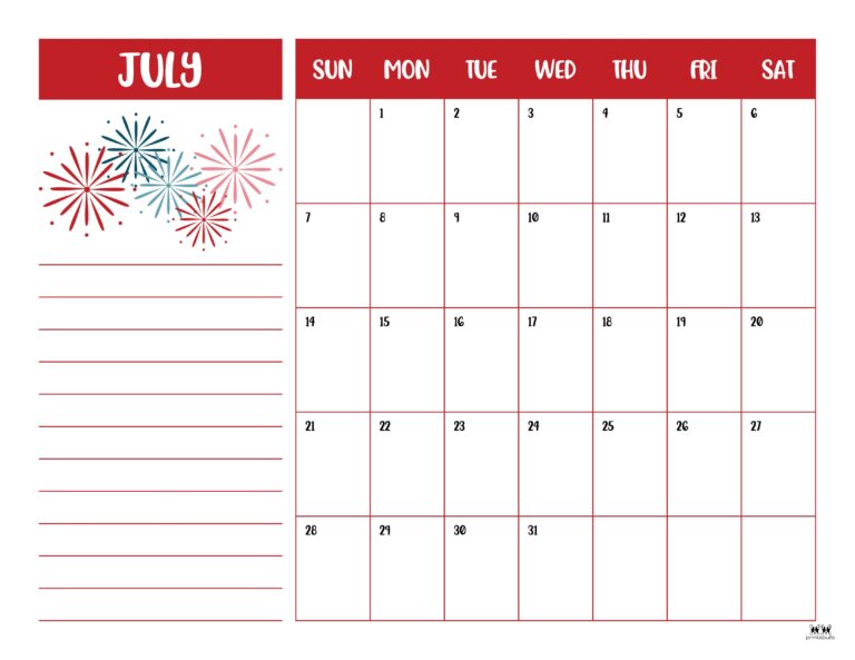 July 2024 Calendars - 50 FREE Printables | Printabulls