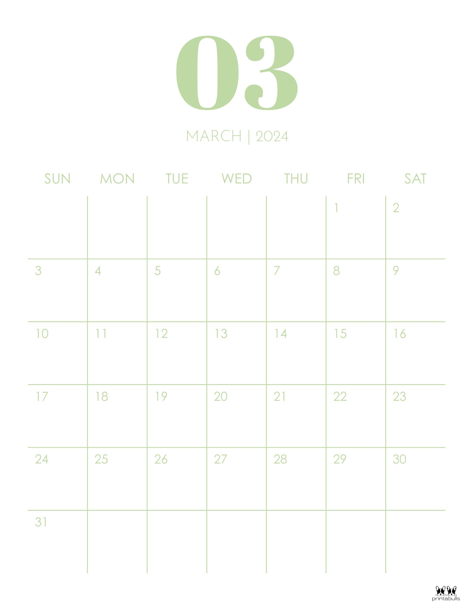 March 2024 Calendars - 50 FREE Printables | Printabulls