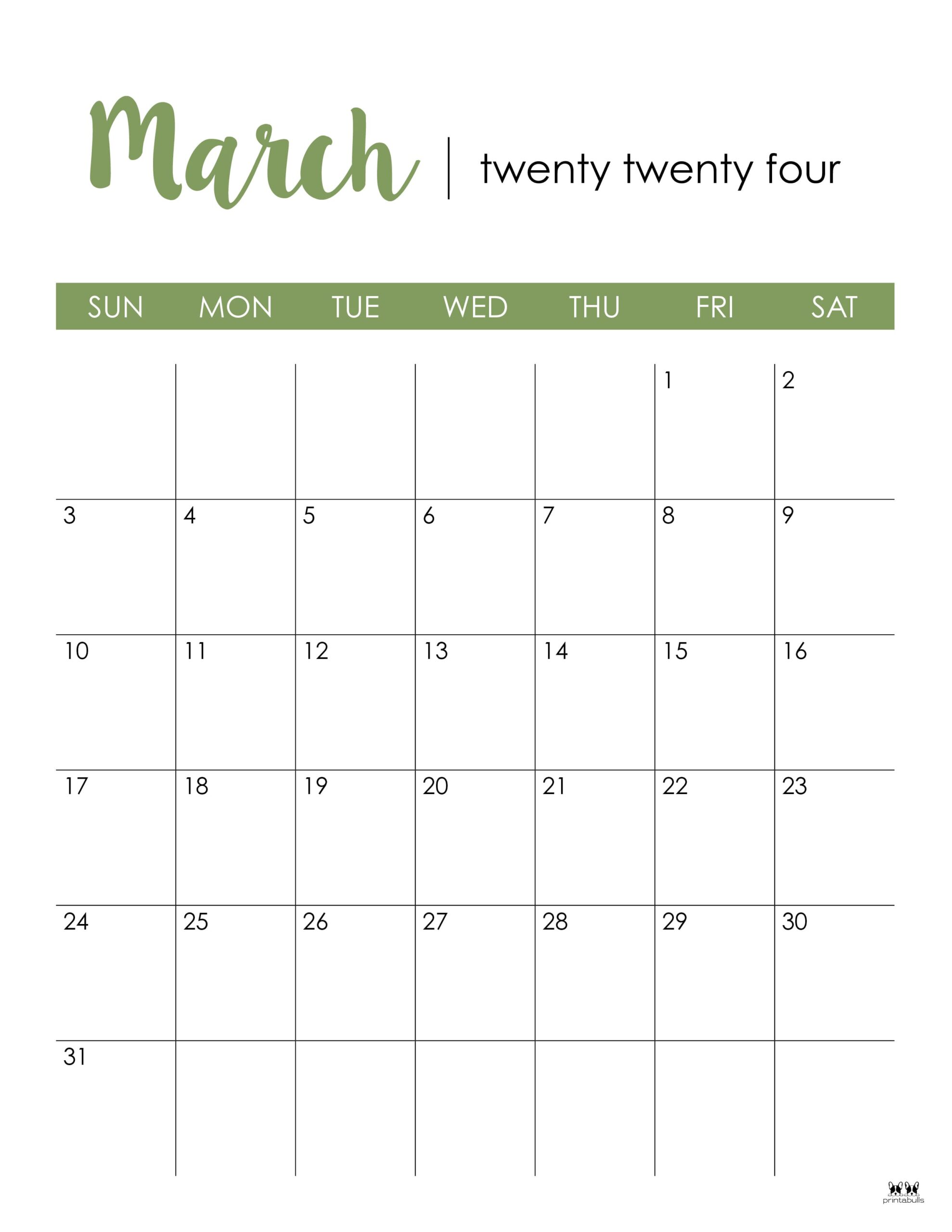 March 2024 Calendars - 50 FREE Printables | Printabulls