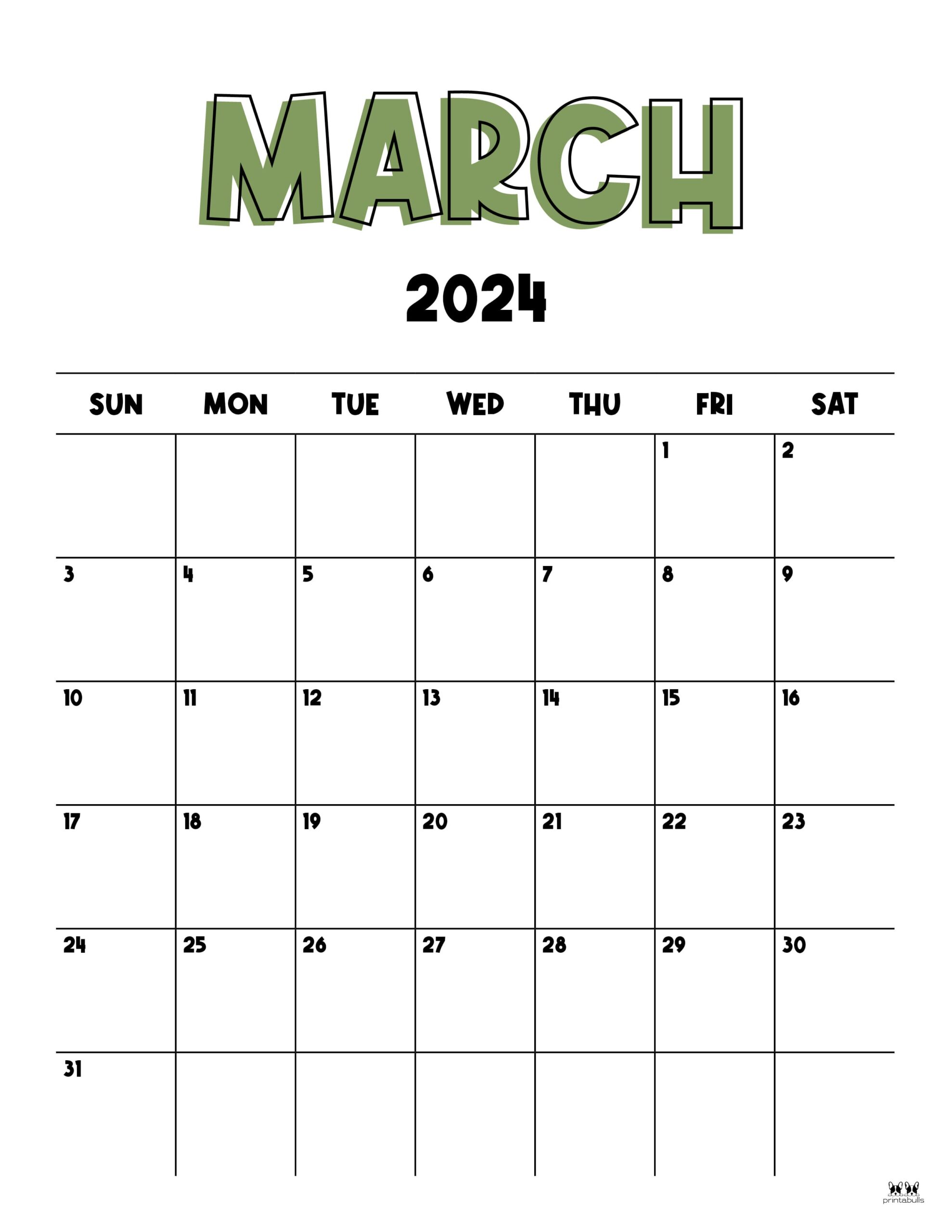 March 2024 Calendars - 50 FREE Printables | Printabulls