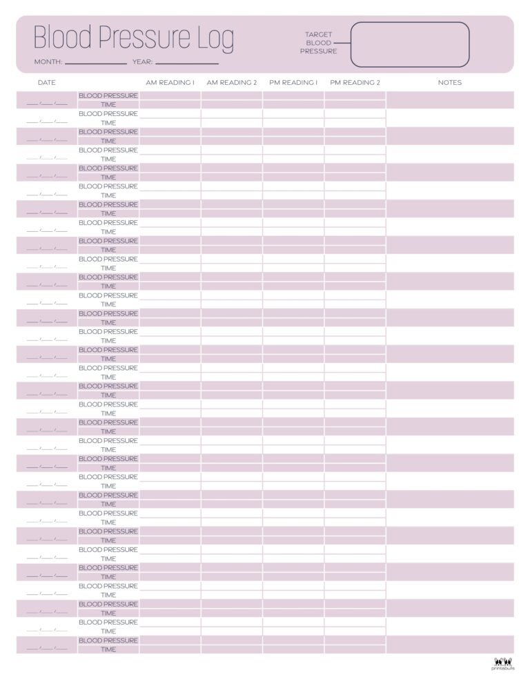Blood Pressure Logs - 32 FREE Printables | Printabulls
