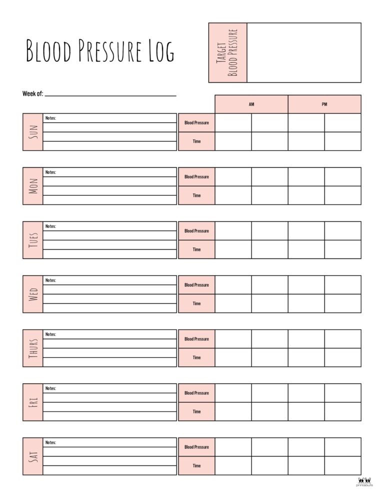 Blood Pressure Logs - 32 FREE Printables | Printabulls