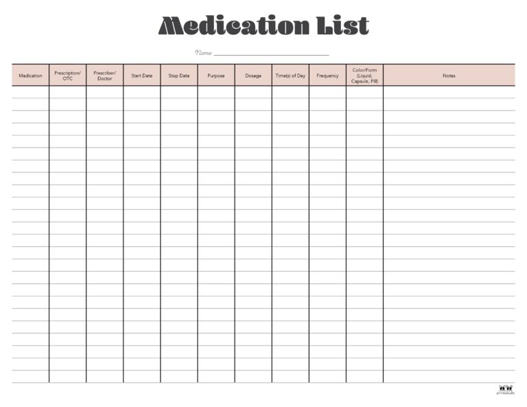 Medication List Templates - 25 FREE Printables | Printabulls