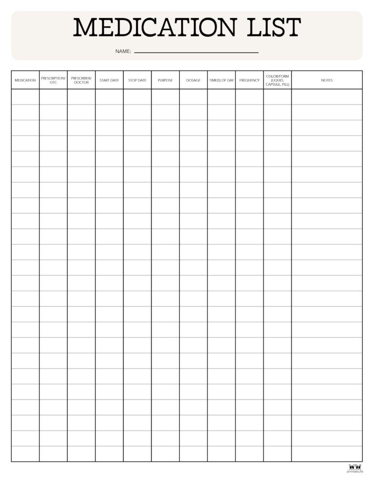 Medication List Templates - 25 FREE Printables | Printabulls