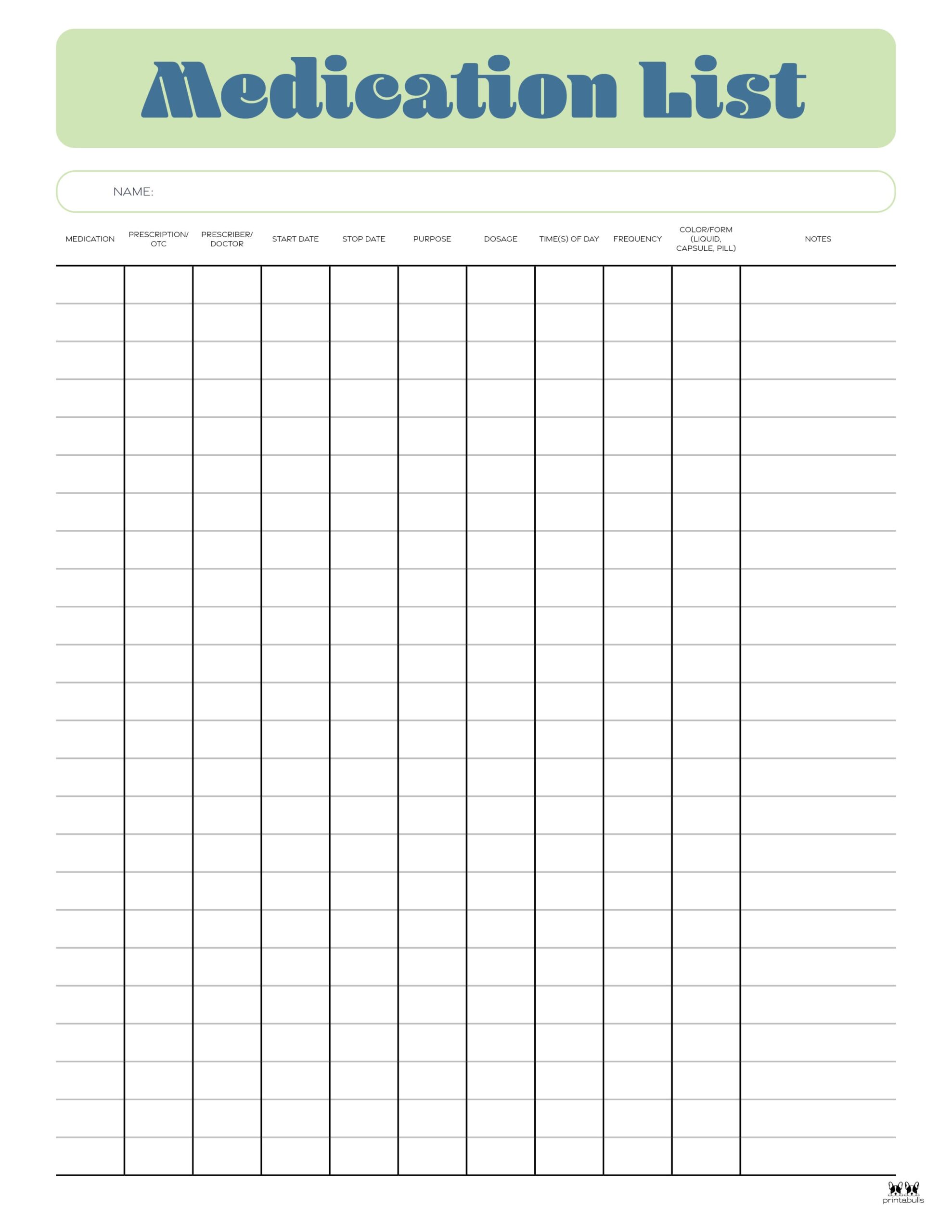 Medication List Templates - 39 FREE Printables | Printabulls