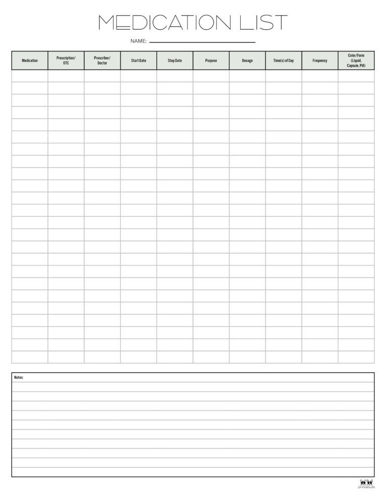 Medication List Templates - 39 FREE Printables | Printabulls