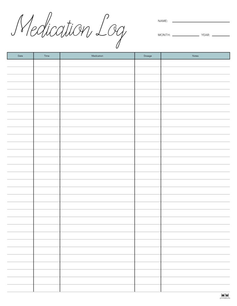 Medication Logs - 32 FREE Printables | Printabulls