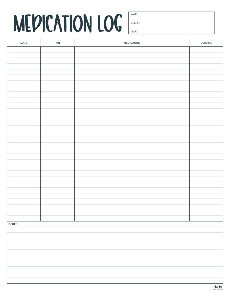 Medication Logs - 32 FREE Printables | Printabulls