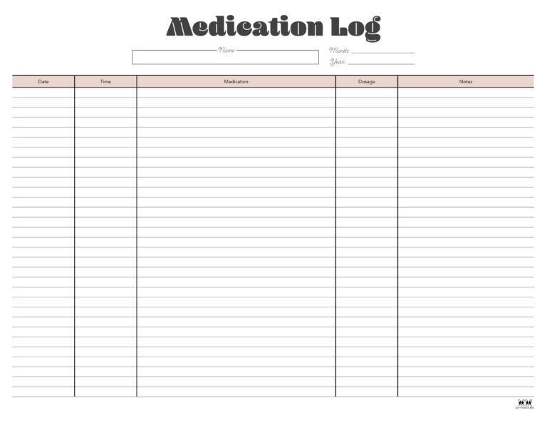 Medication Logs - 25 FREE Printables | Printabulls