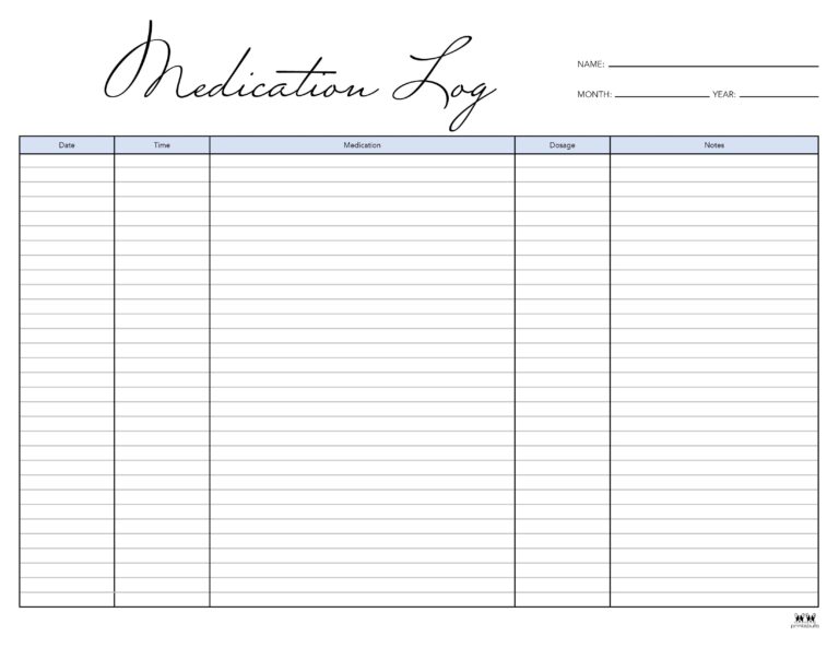Medication Logs - 25 FREE Printables | Printabulls